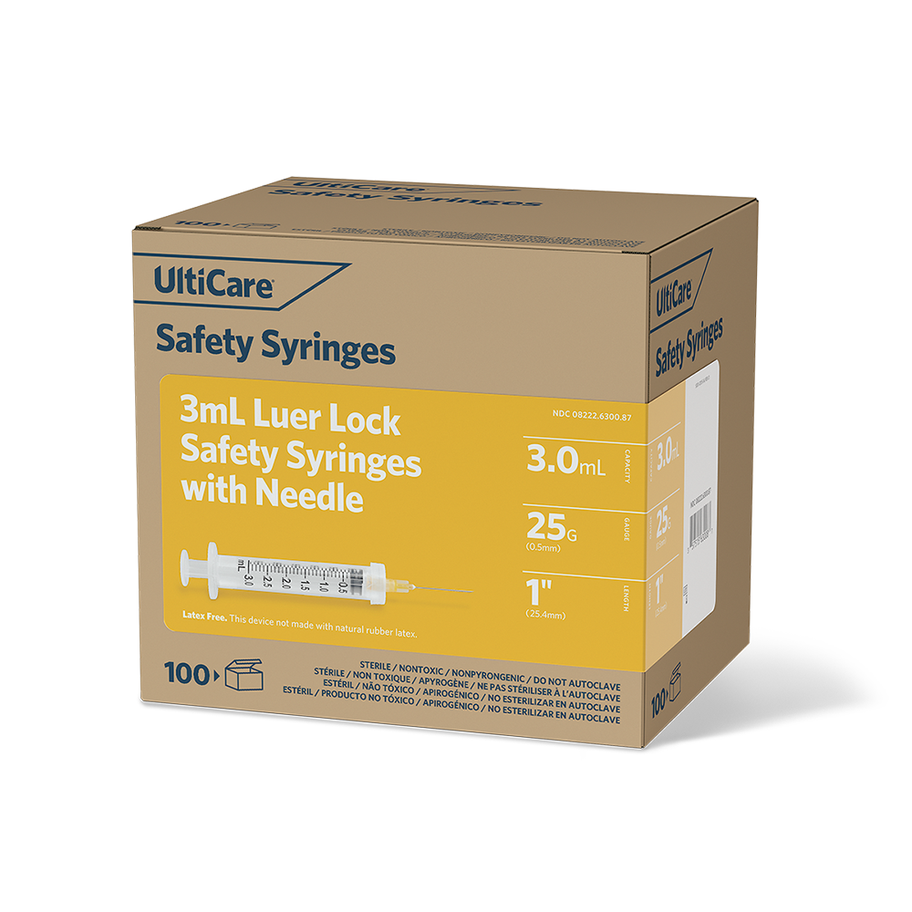 UltiCare 3 mL Safety Syringes 3 mL 25.4mm (1") x 25G | UltiMed, Inc