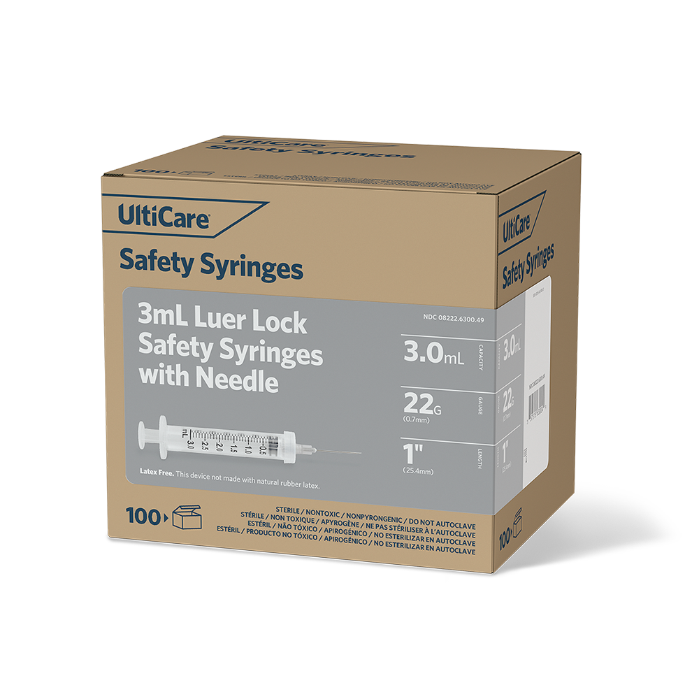 UltiCare 3 mL Safety Syringes 3 mL 25.4mm (1") x 22G | UltiMed, Inc